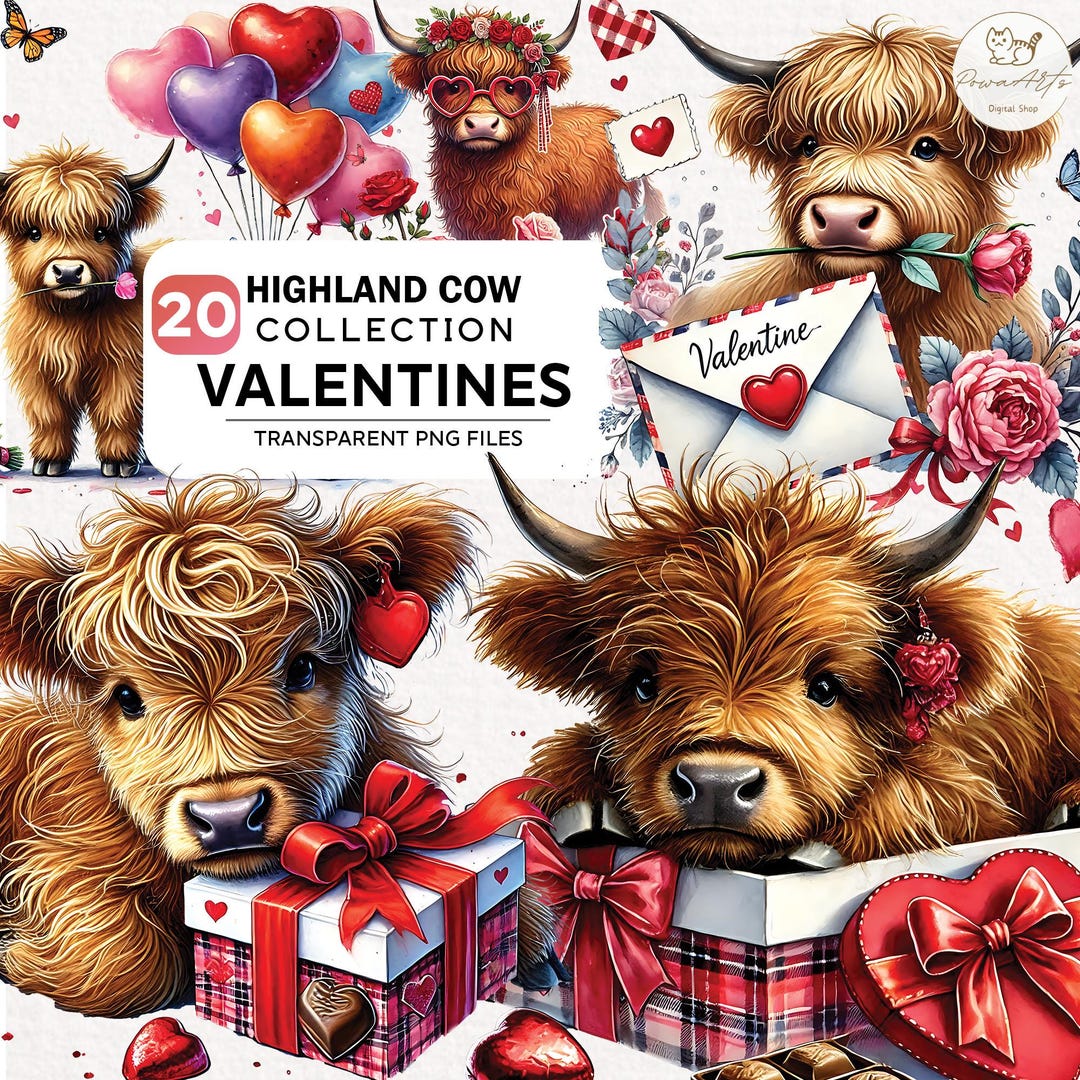 20 Valentines Highland Cow Clipart Bundle, Cute Highland Cow Png ...