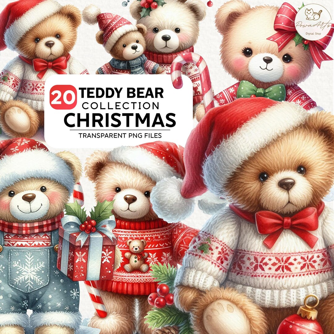 20 Watercolor Christmas Teddy Bear Clipart Bundle, Holiday Teddy Bear ...