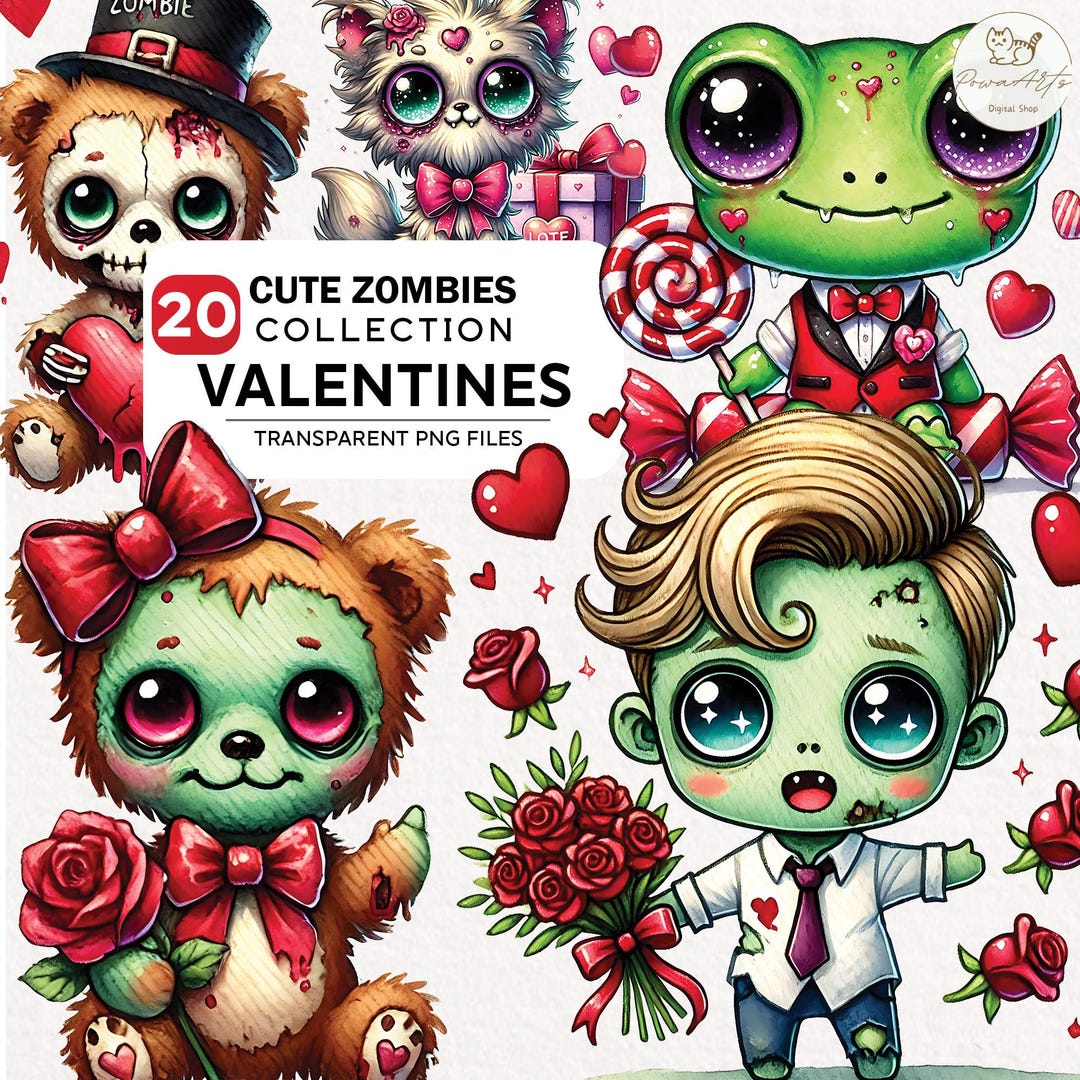20 Watercolor Cute Valentine Zombies Clipart Bundle, Valentine Zombie ...