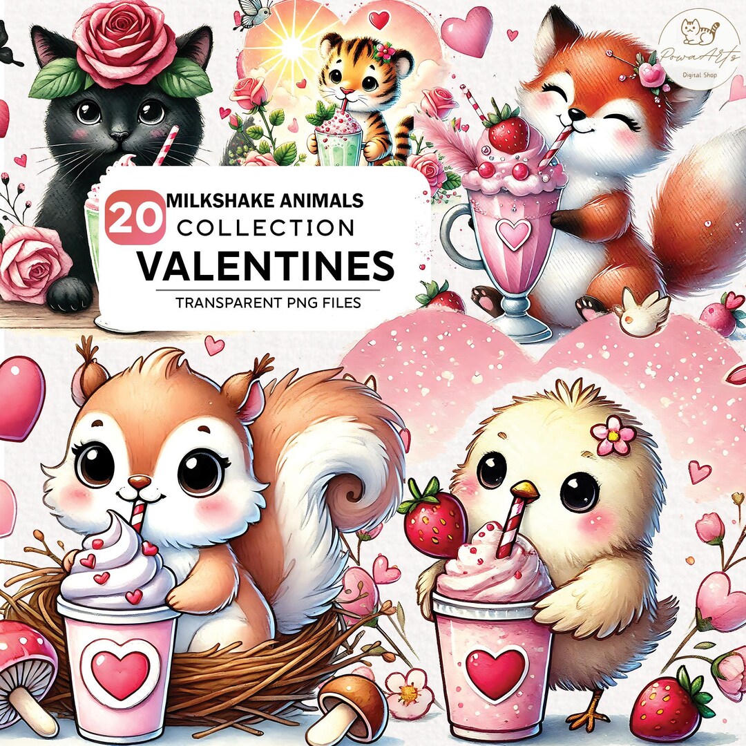 20 Watercolor Cute Milkshake Animals Clipart Bundle, Milkshake Animals ...