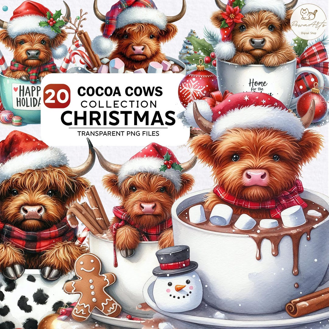 20 Watercolor Hot Cocoa Cows Clipart Bundle, Christmas Highland Cows ...
