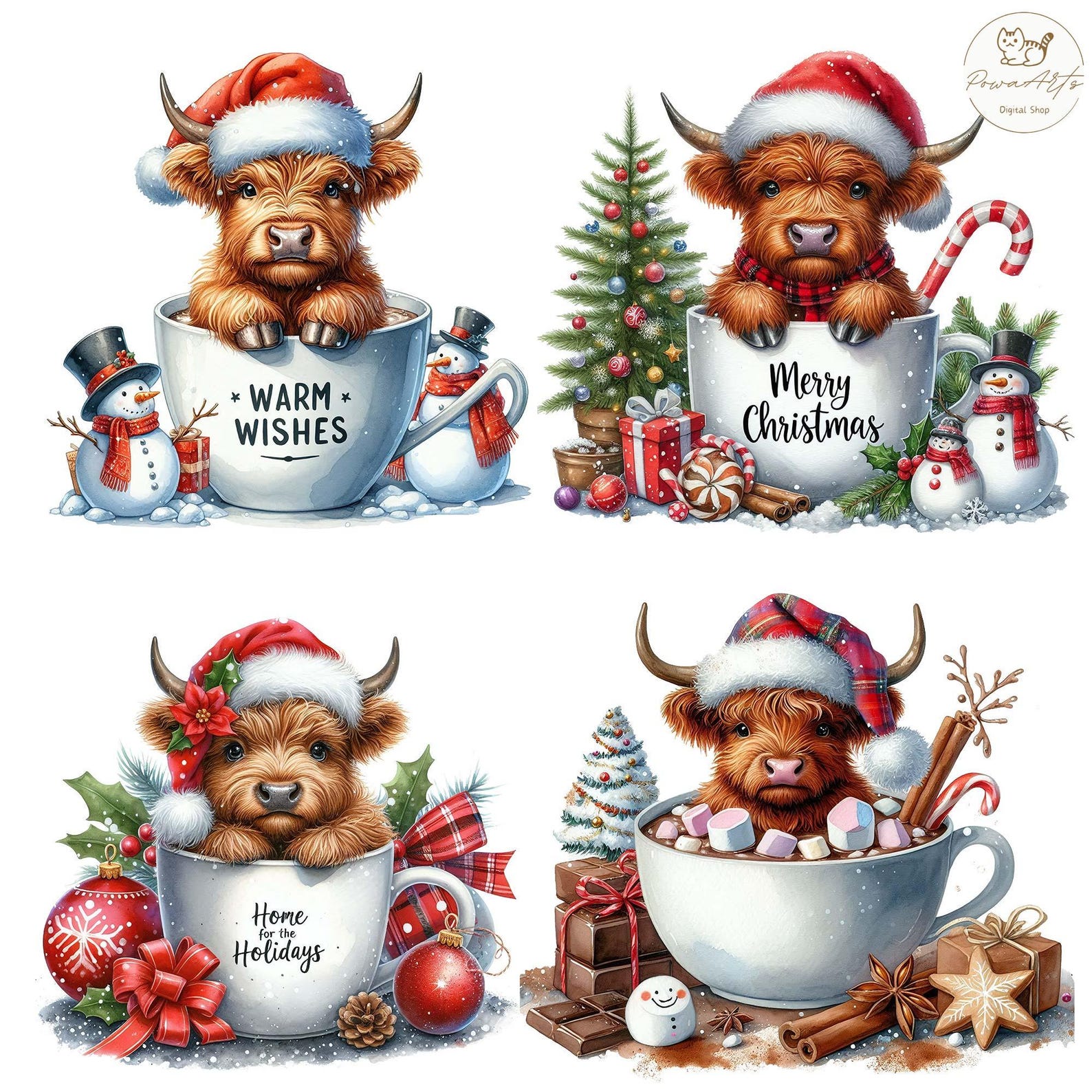 20 Watercolor Hot Cocoa Cows Clipart Bundle, Christmas Highland Cows ...