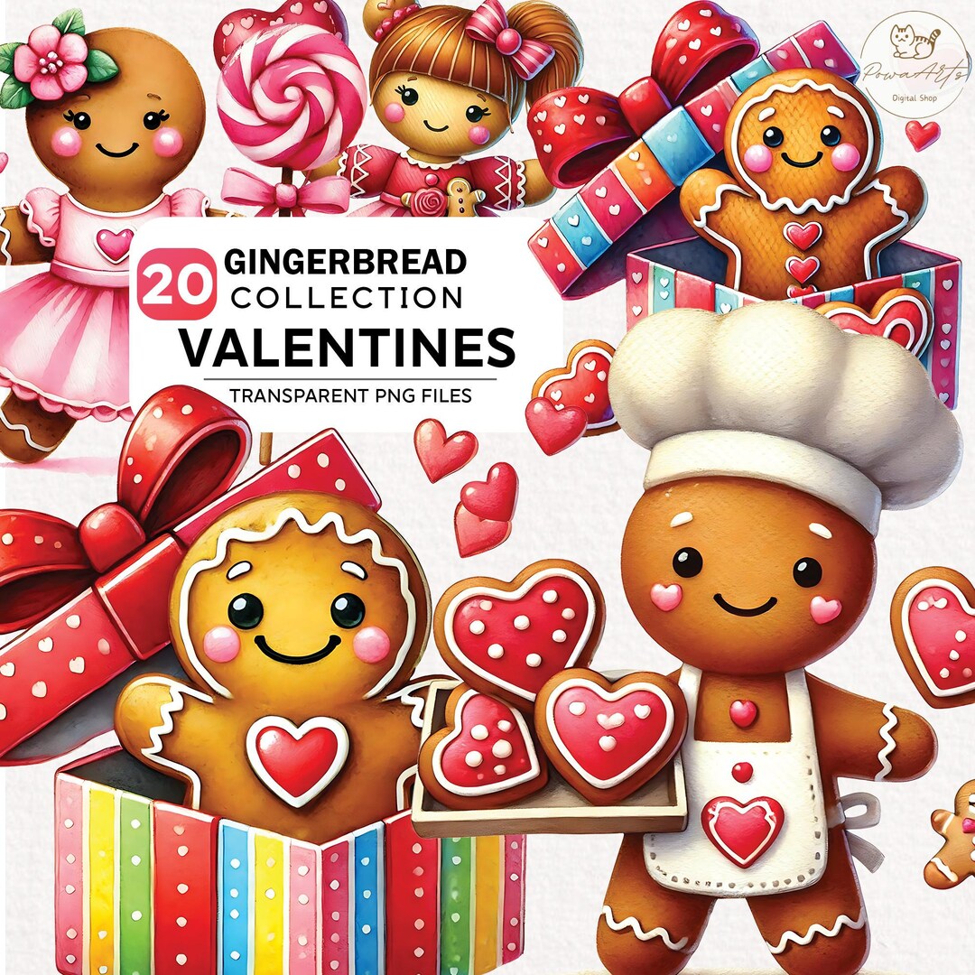 20 Watercolor Valentine Gingerbread Clipart Bundle, Sweet Valentine ...