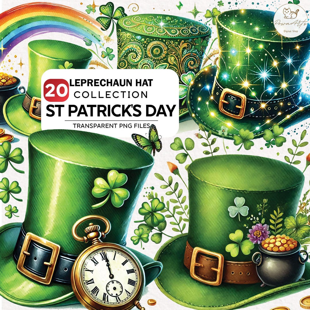 20 Watercolor Leprechaun Hat Clipart Bundle, Emerald Hat Png, Saint ...