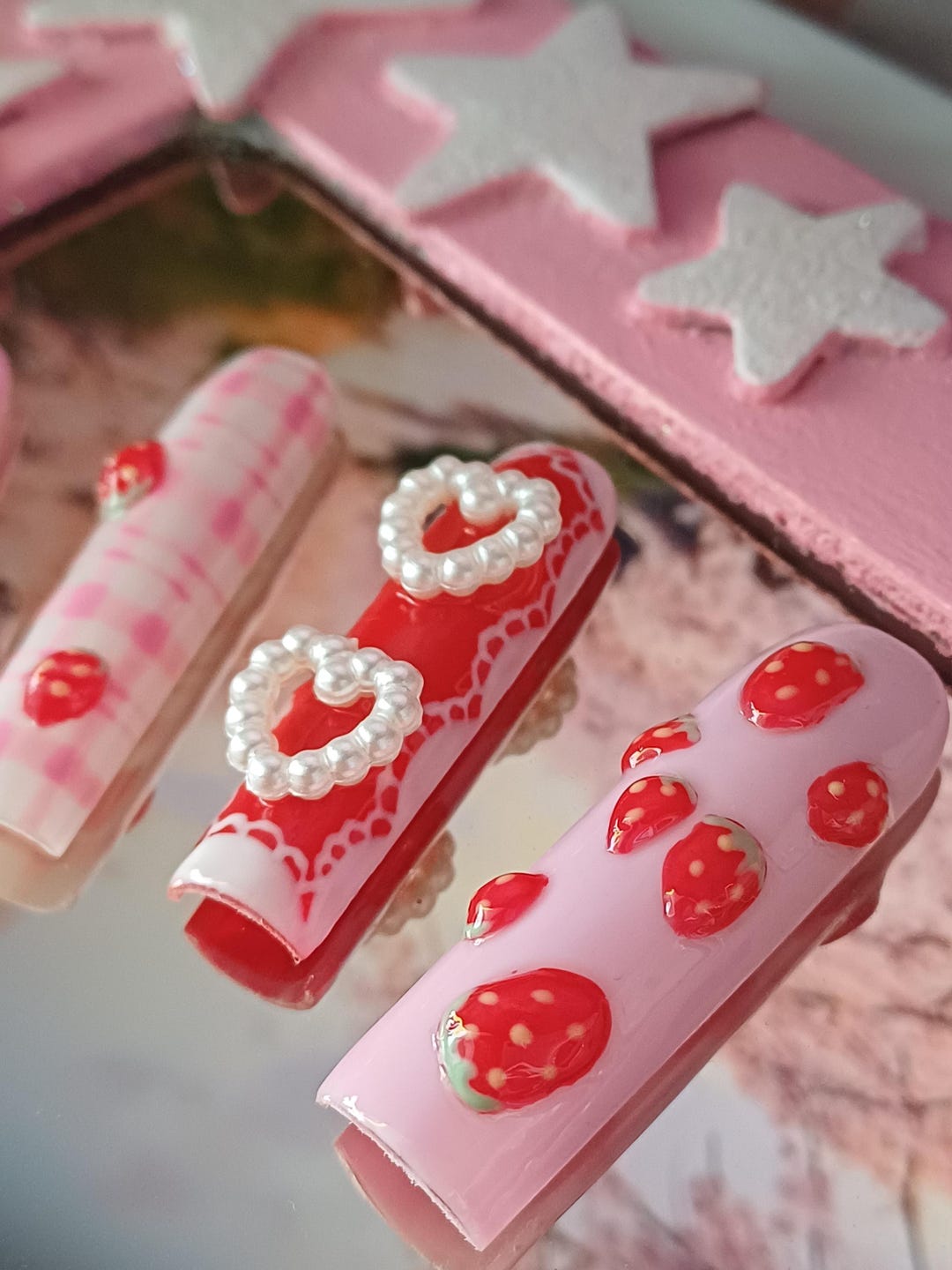 Strawberry Shortcake Press on Nails With 3d Strawberries - Etsy