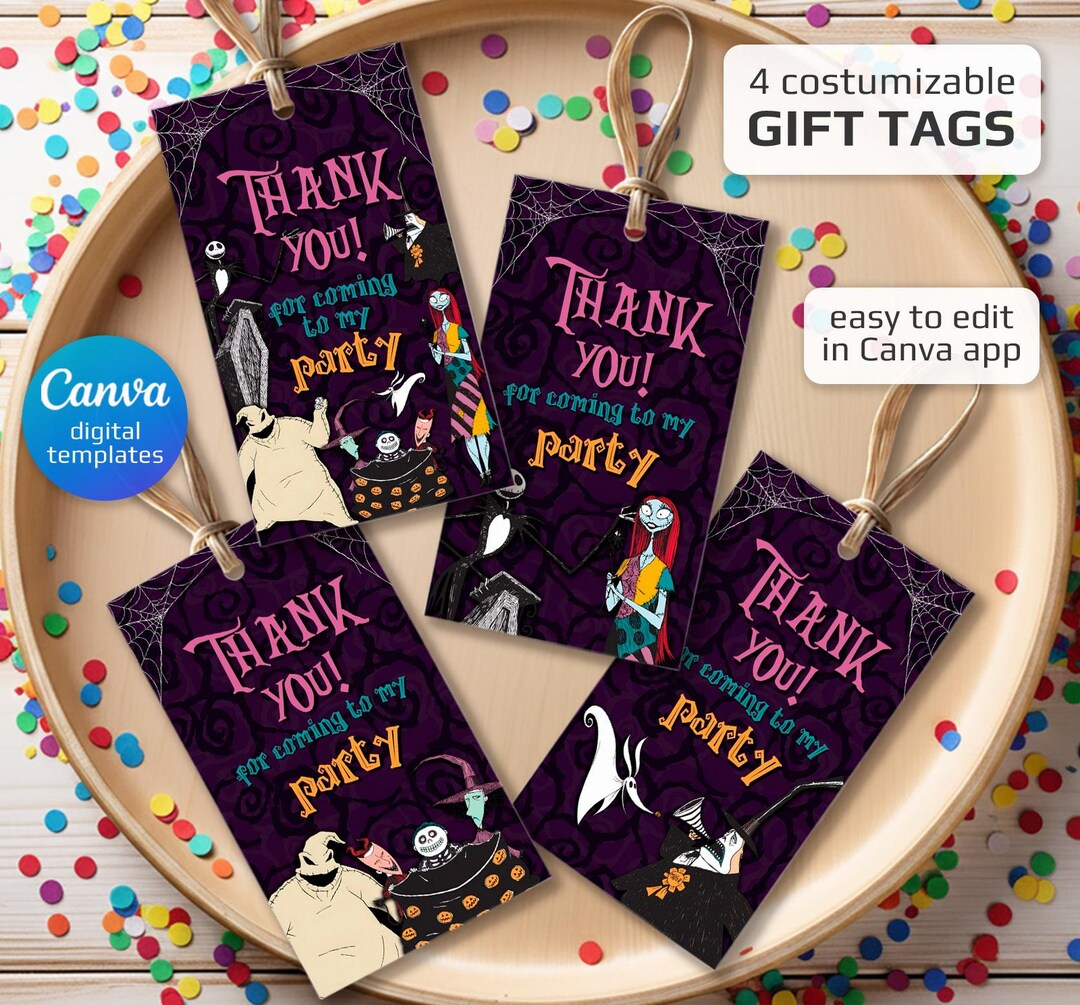 Jack Skellington Printable Gift Tags, Birthday Party Thank You Card ...