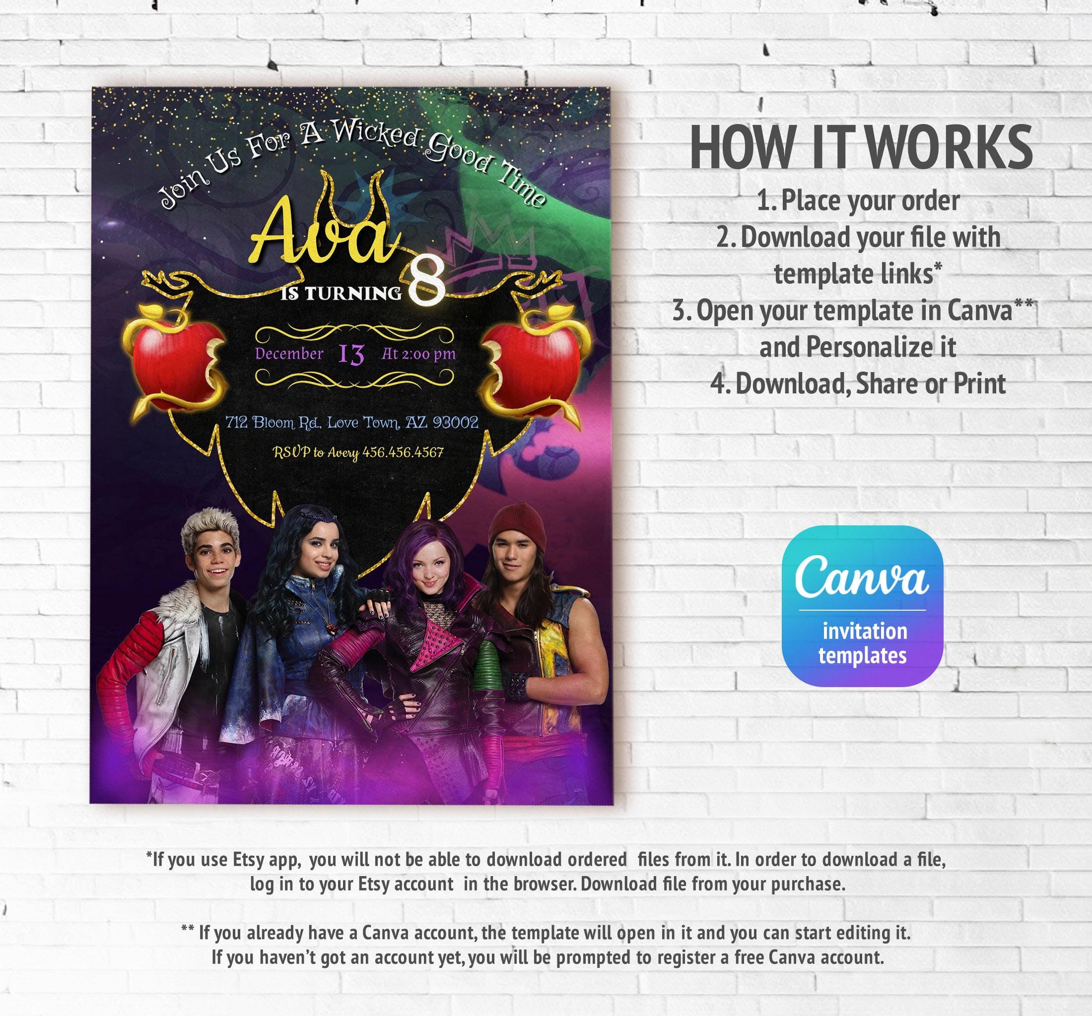 Descendants Invitation, Printable Editable Descendants Birthday Invite ...