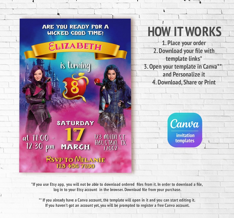 Descendants Invitation, Printable Editable Descendants Birthday Invite ...