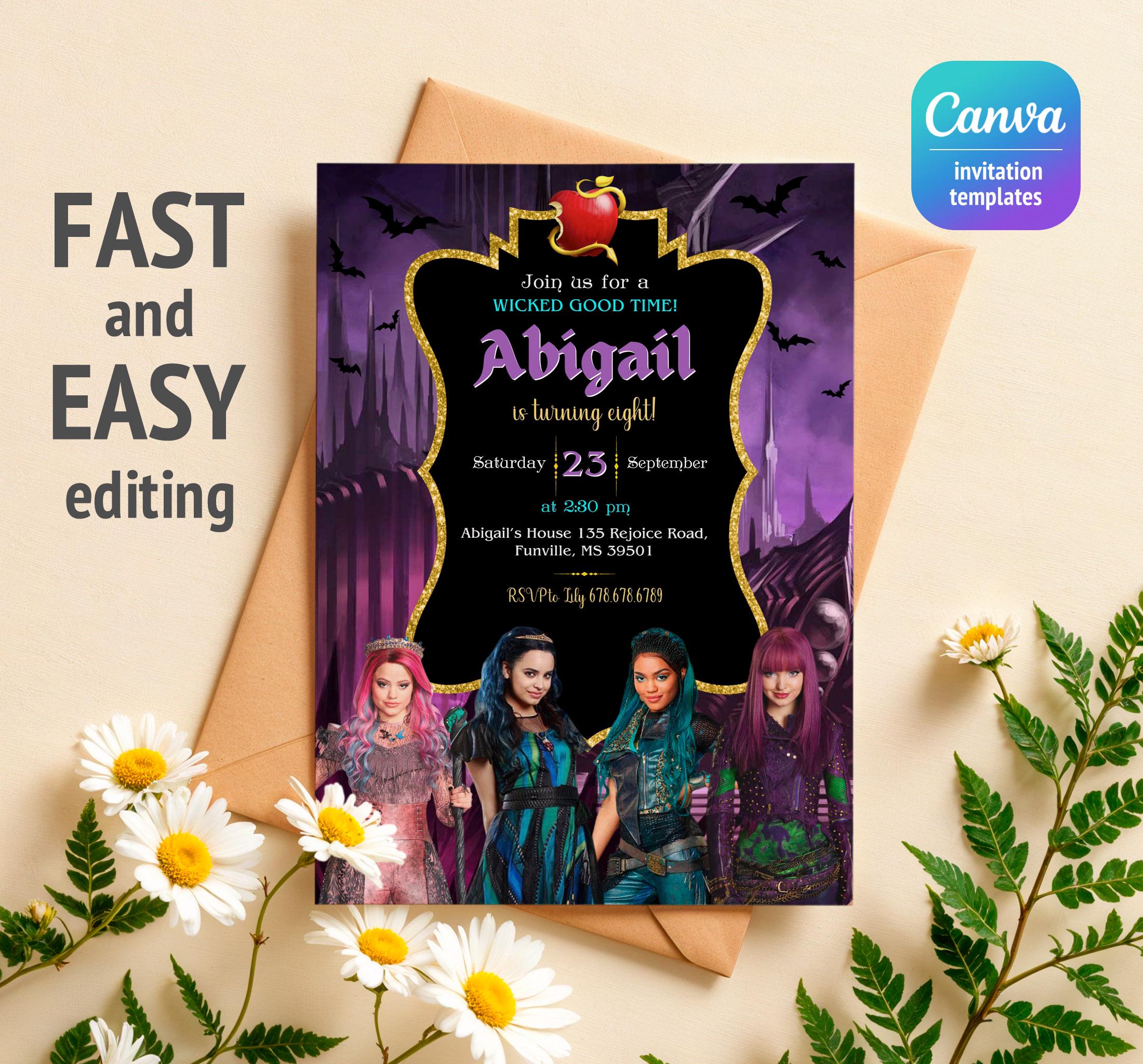 Descendants Invitation, Printable Editable Descendants Birthday Invite ...