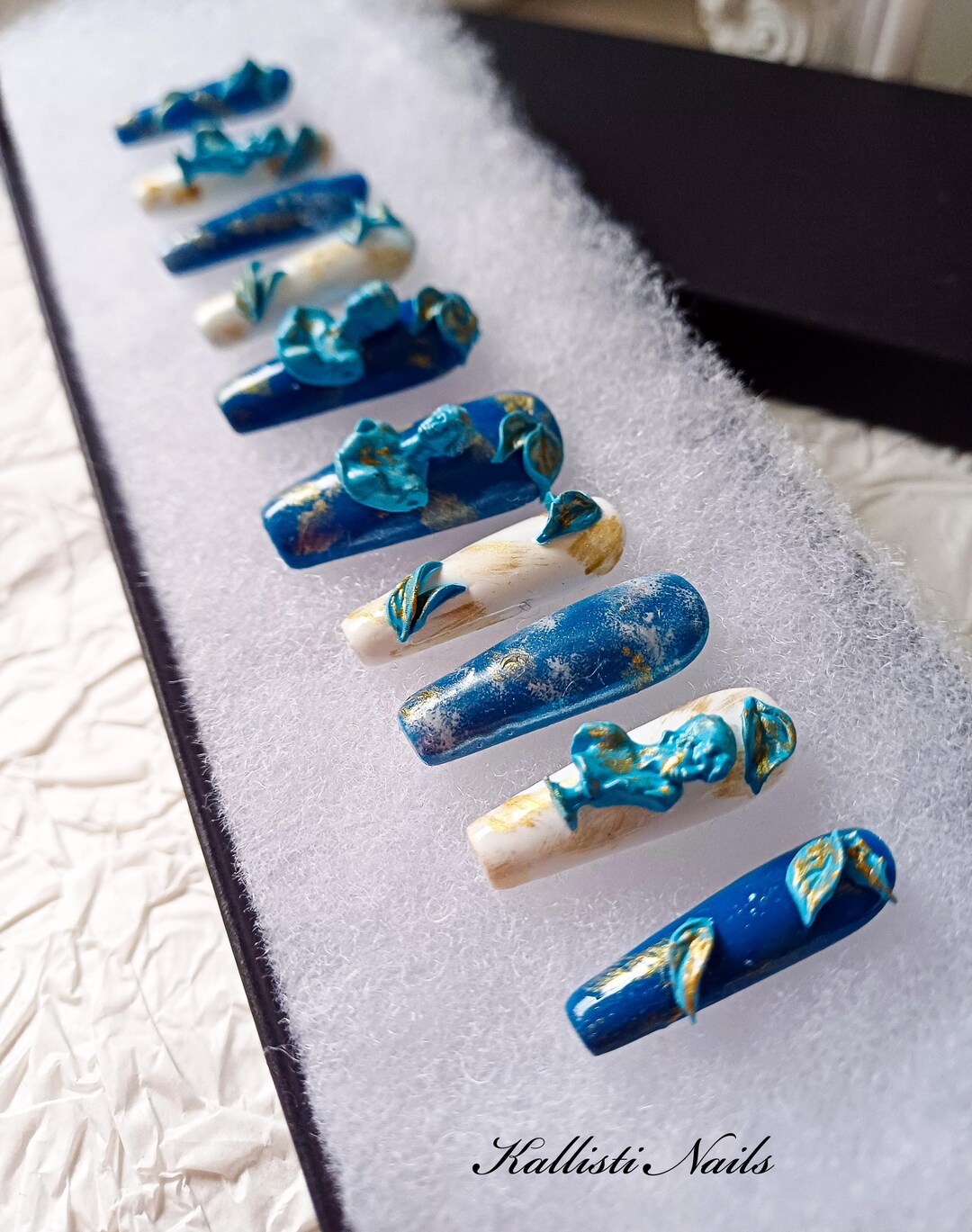 3D Greek Goddess/aphrodite/press on Nails, Long Coffin, Blue and White ...