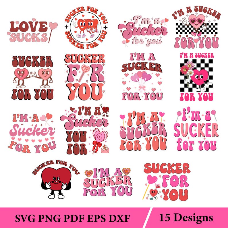 Heart Sucker SVG Bundle, Sucker for You Png, Valentines Day Png, Retro ...