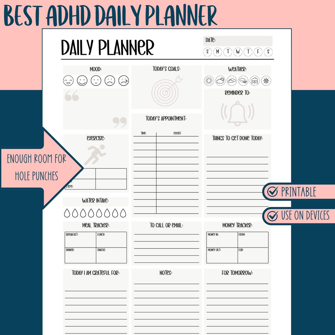 ADHD Daily Planner Printable, Hourly Planner, Organized Planner, ADHD ...