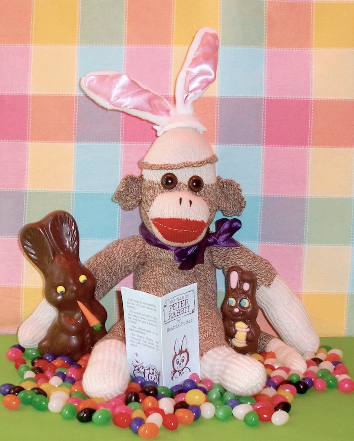 Ernie the Sock Monkey Easter Bunny Reading Time Card - Etsy