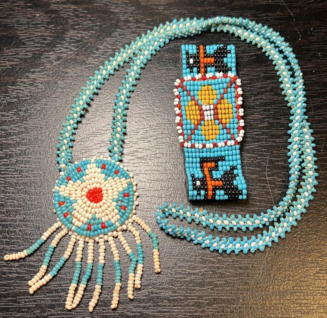 VTG Native American Seed Bead Thunderbird Bracelet & Lariat Tassle ...