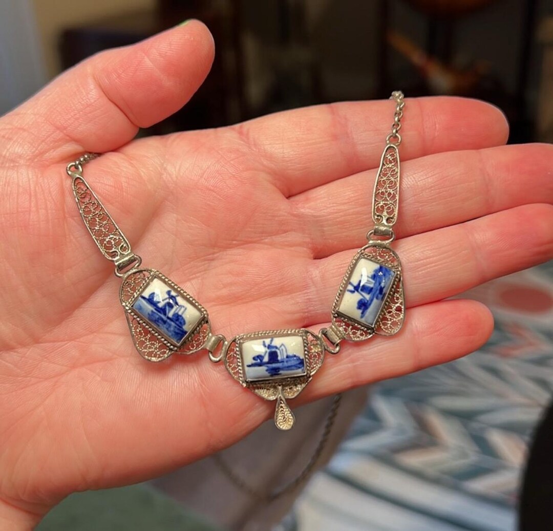 Vintage Delft Blue White Handpainted Windmill Filigree Sterling Silver ...