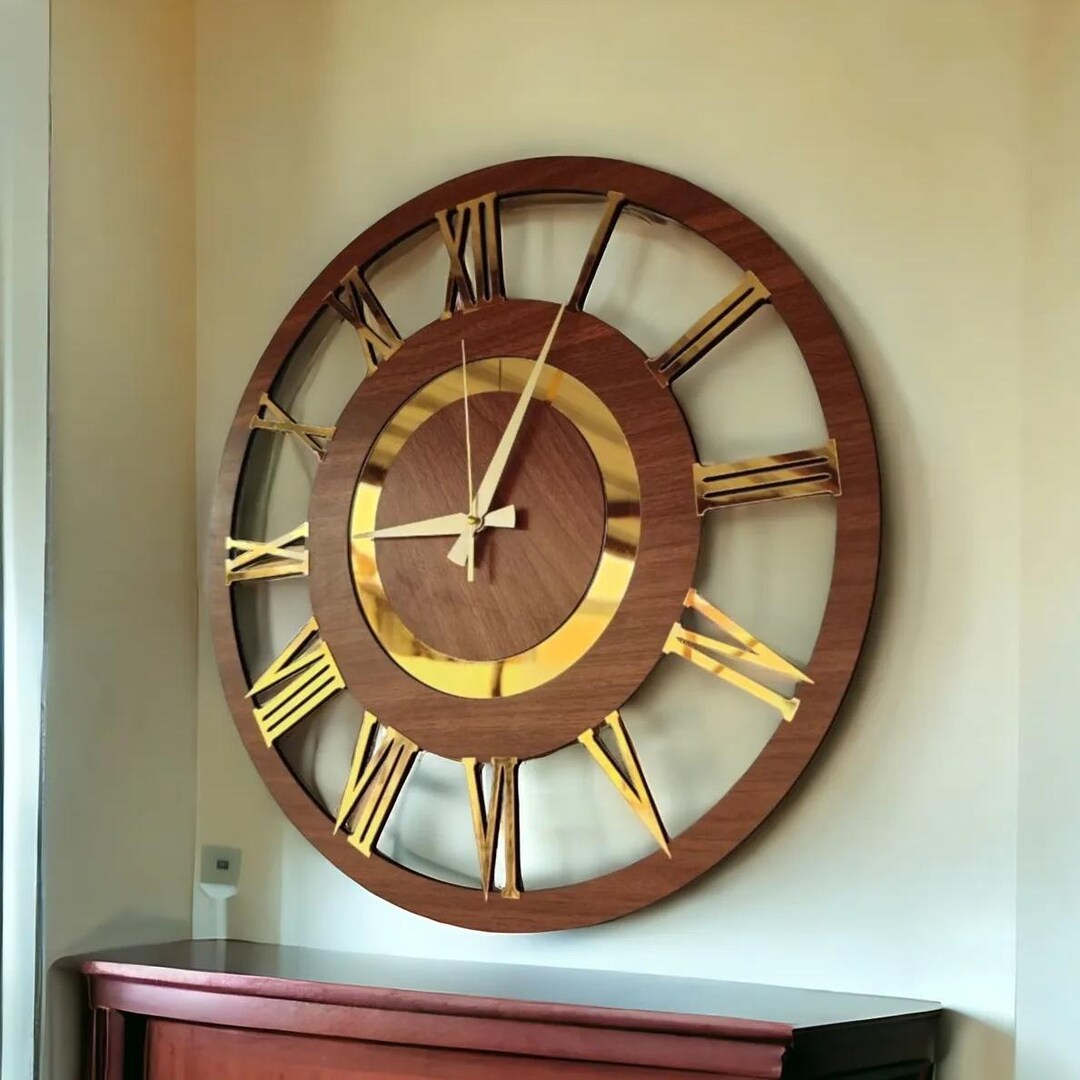Walnut Wood Roman Numeral Wall Clock – 50cm Silent Clock With Gold ...