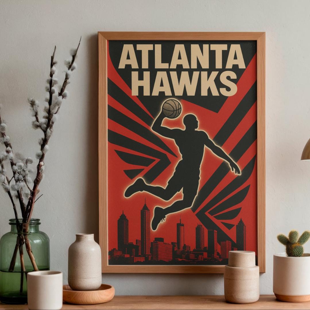 Atlanta Hawks Retro NBA Poster | Vintage Basketball Wall Art | Red ...