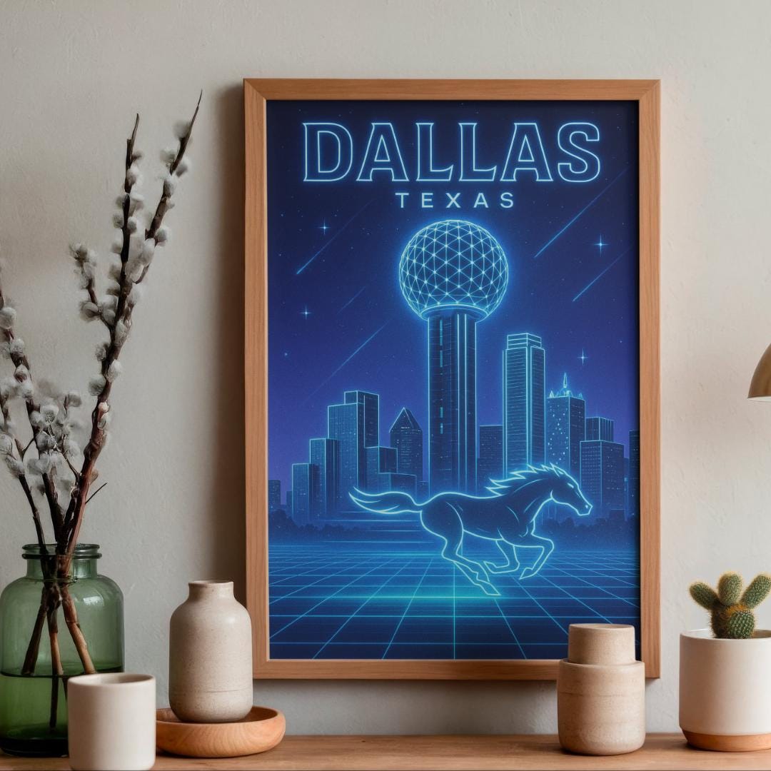Neon Dallas Mavericks NBA Poster, Synthwave Dallas Skyline Art, Blue ...