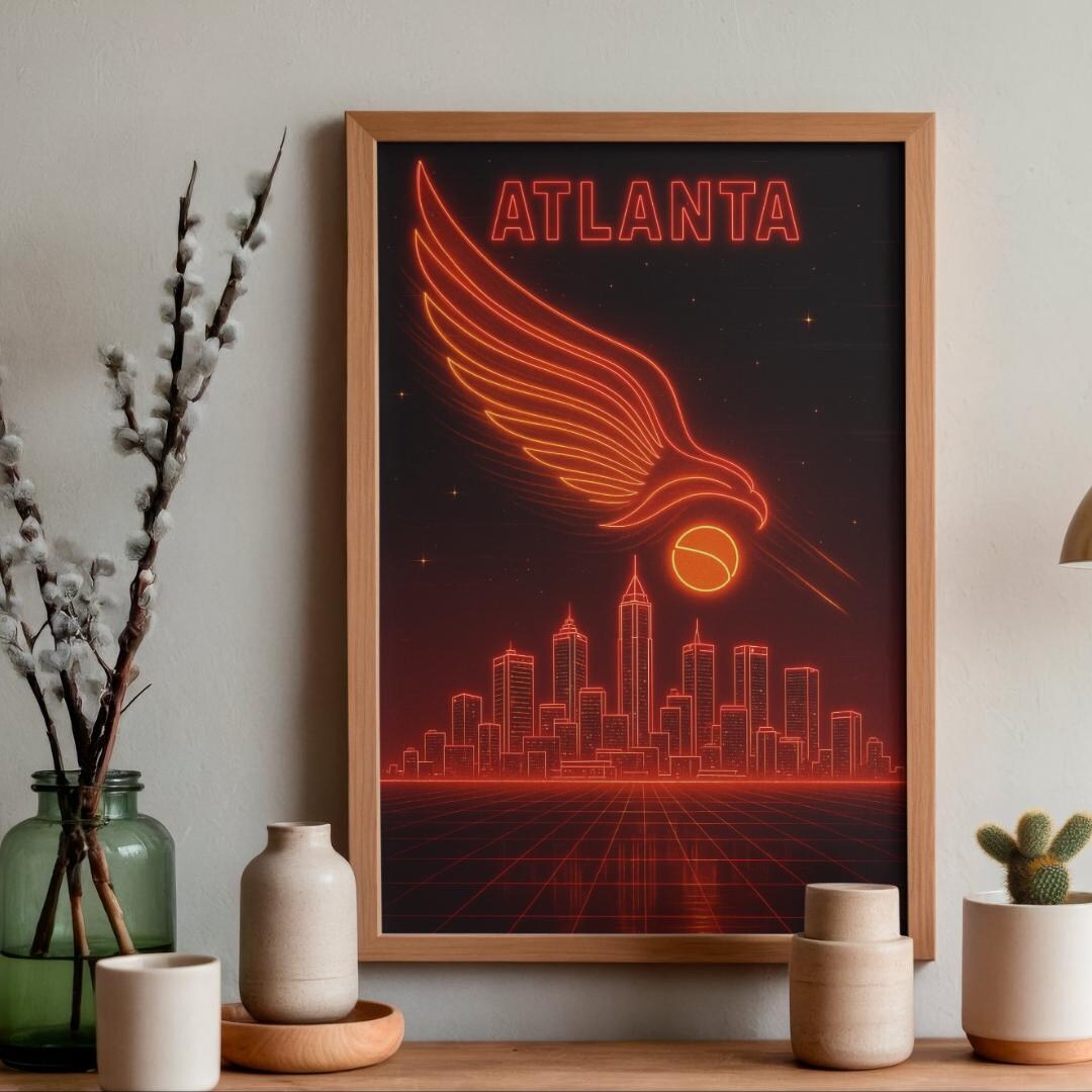 Atlanta Hawks Neon NBA Poster | Futuristic Basketball Wall Art | Retro ...