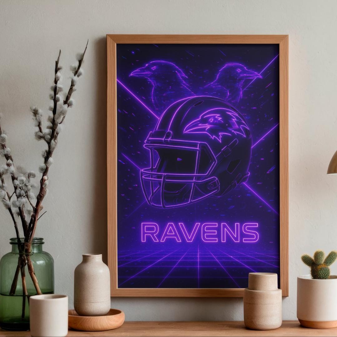 Baltimore Ravens Neon Helmet Poster, Retro Synthwave NFL Wall Art ...