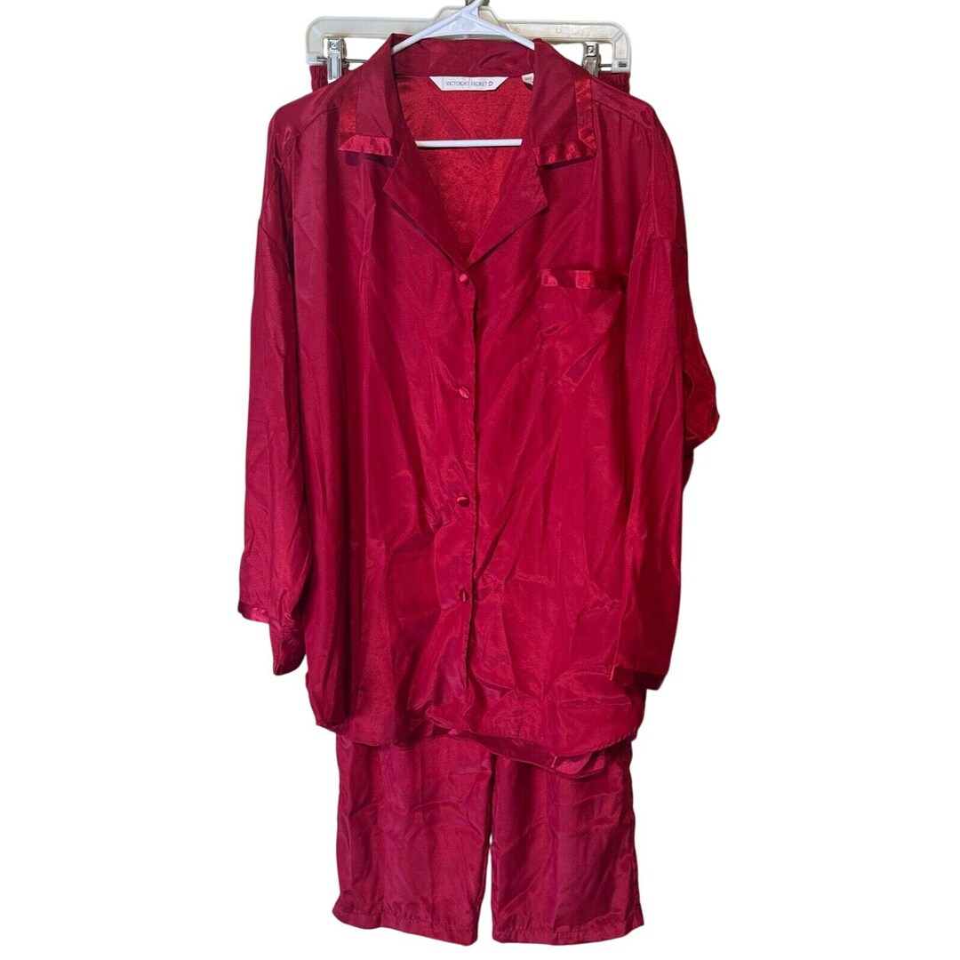 Vintage Victoria’s Secret Red Satin Pajamas Womens Large 2 Pc Top ...