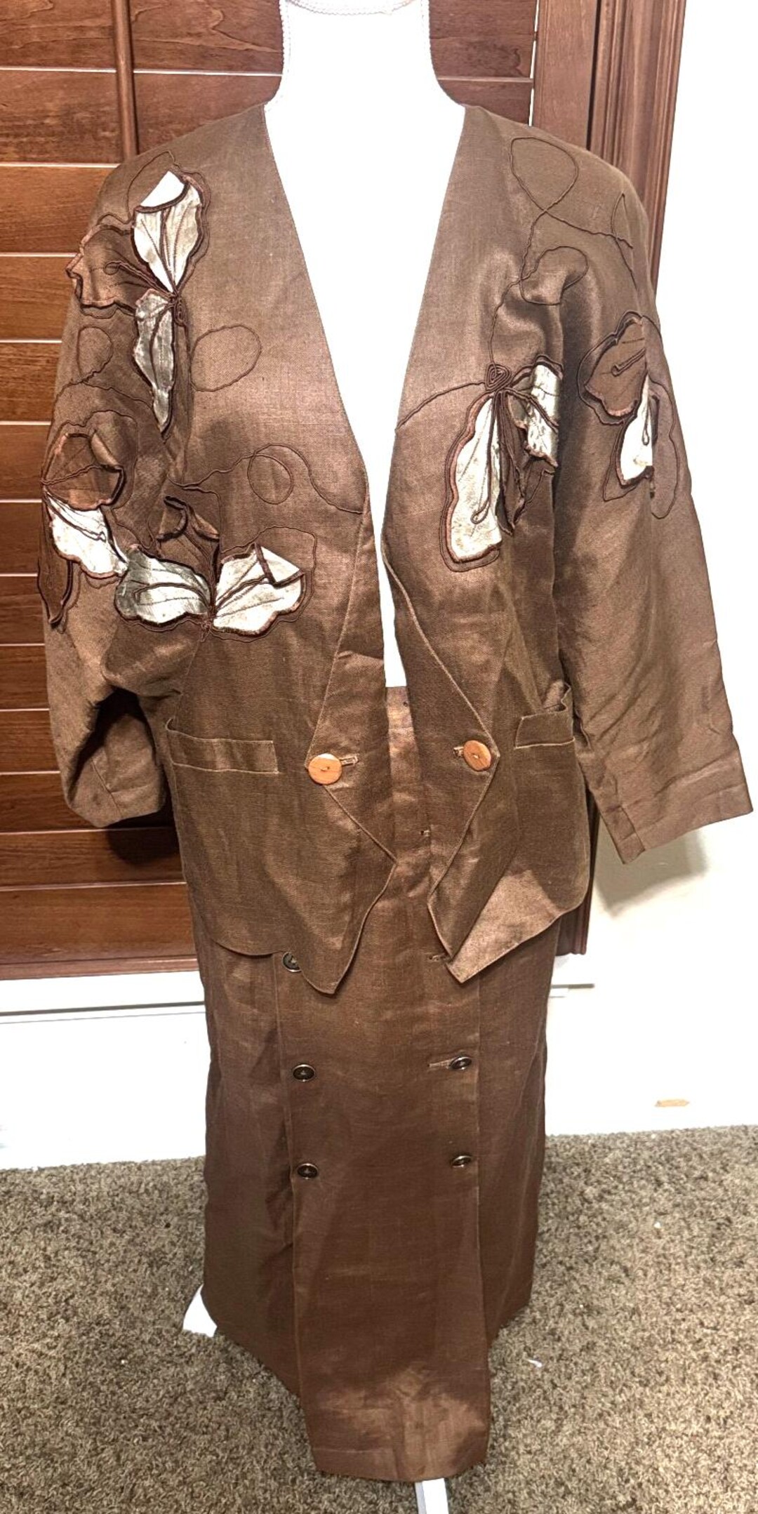 VTG 90s Linen Skirt Suit Chocolate Brown Church First Lady Embroidered ...