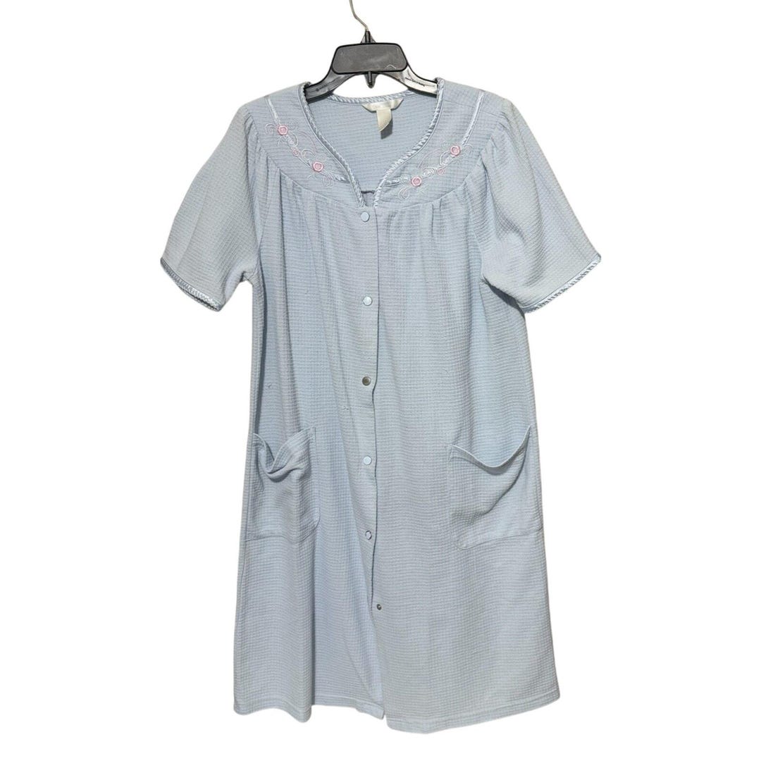 VTG Adonna Blue Snap Front Robe House Dress Pockets Waffle Knit Women's ...