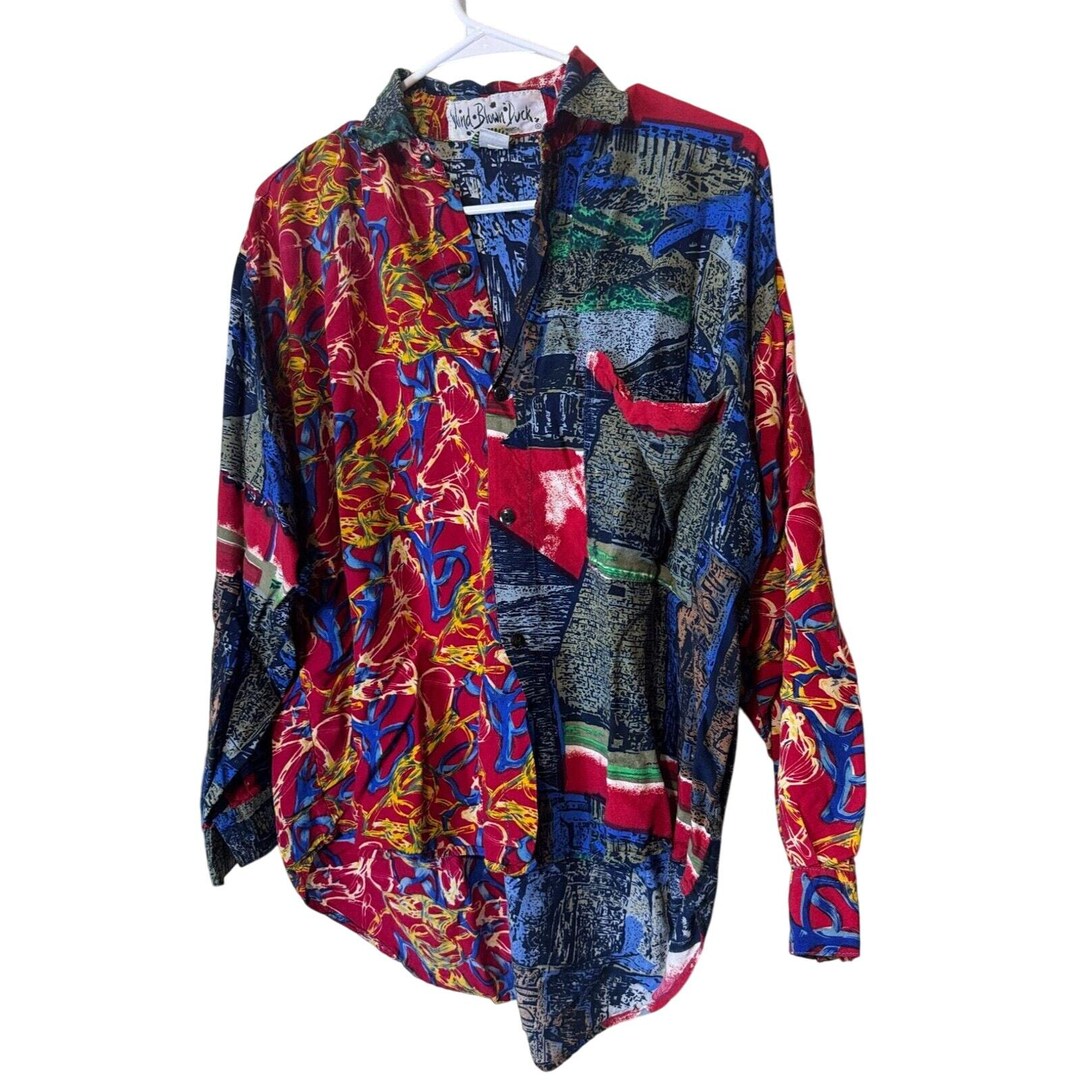 Vintage Wind Blown Duck Long Sleeve Shirt L Colorful Patchwork Button ...