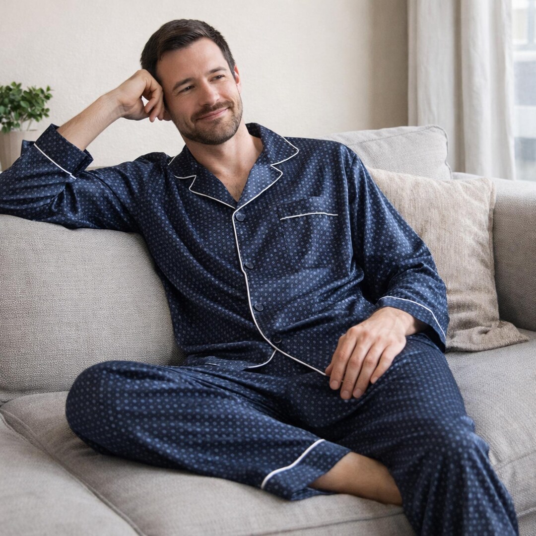 Alexander Del Rossa Satin Men's Pajamas 2XL Navy Blue Pjs Top & Pants ...