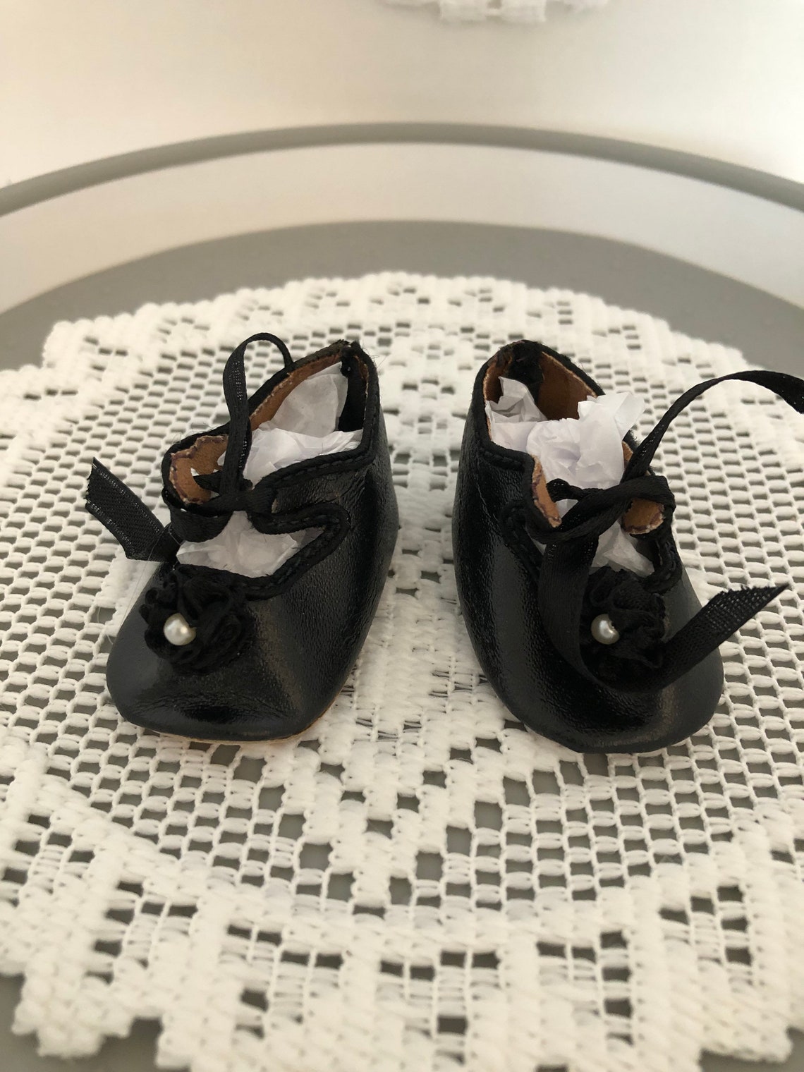 Vintage Doll Shoes Black Imitation Leather With Black Rosette Etsy