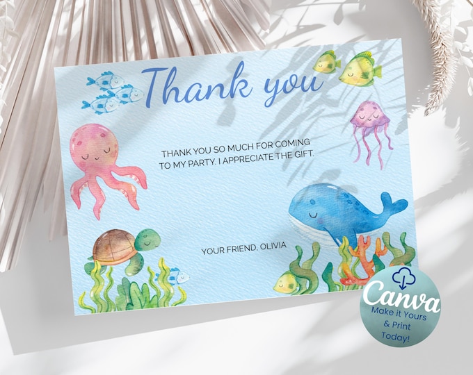 Editable Under the Sea Thank You Card, Swimming Party Thank You Tag ...