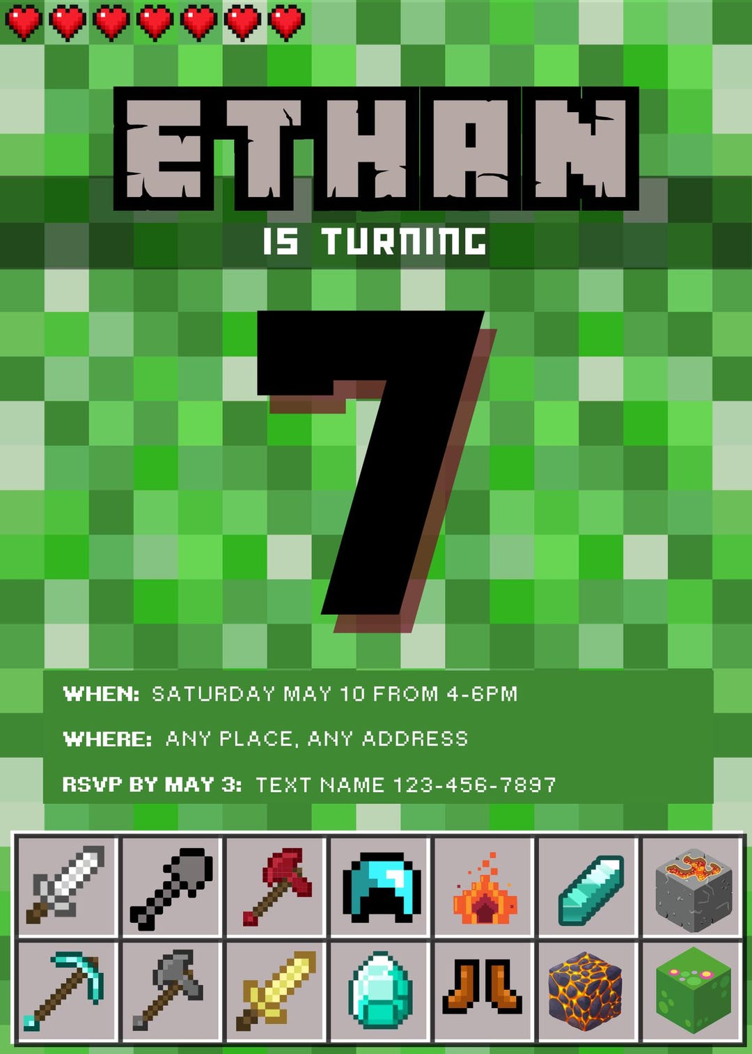 Editable Minecraft Kids Birthday Invitation | Digital Download | DIY ...
