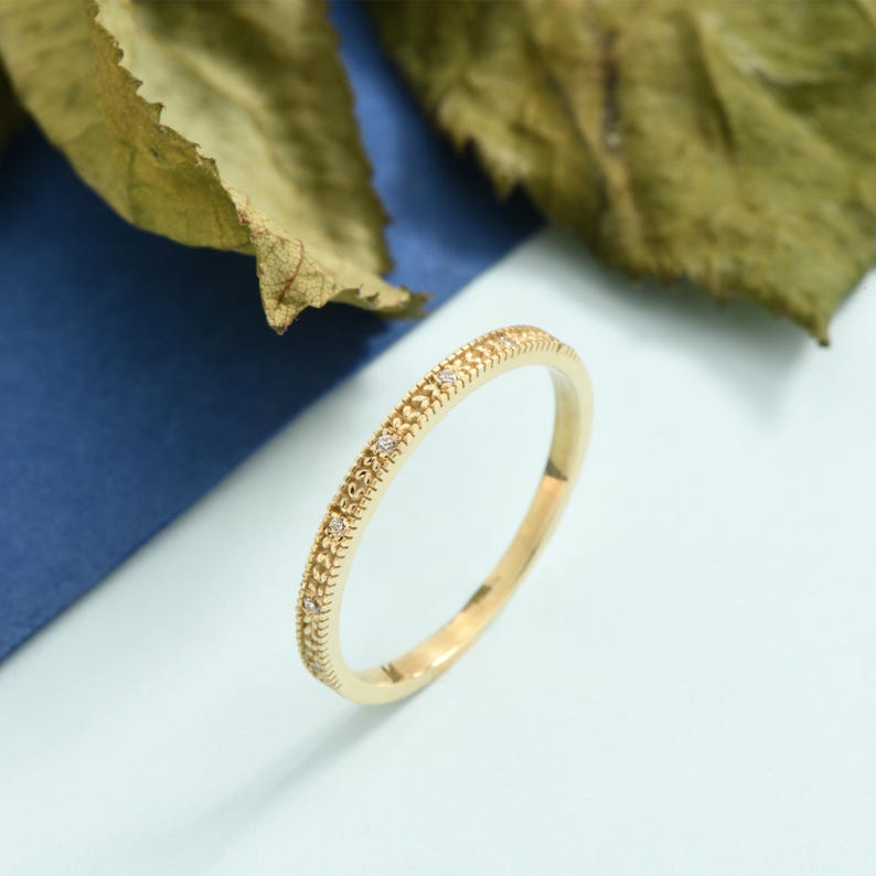 Diamond Art Deco 14k Gold Band, Milgrain Stacking Ring - Etsy