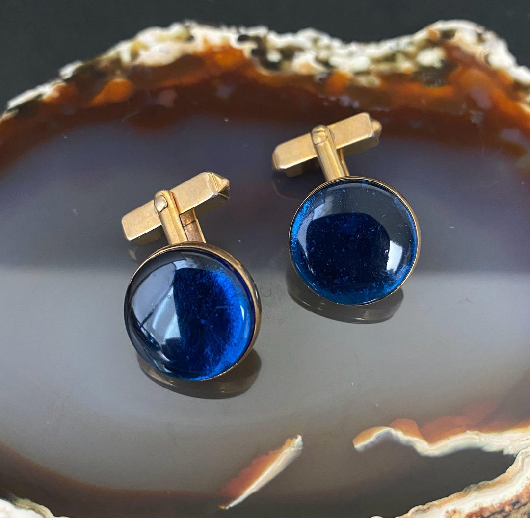A0091 Vintage SWANK Cufflinks/ Blue Glass Round Cufflinks / Gift for ...