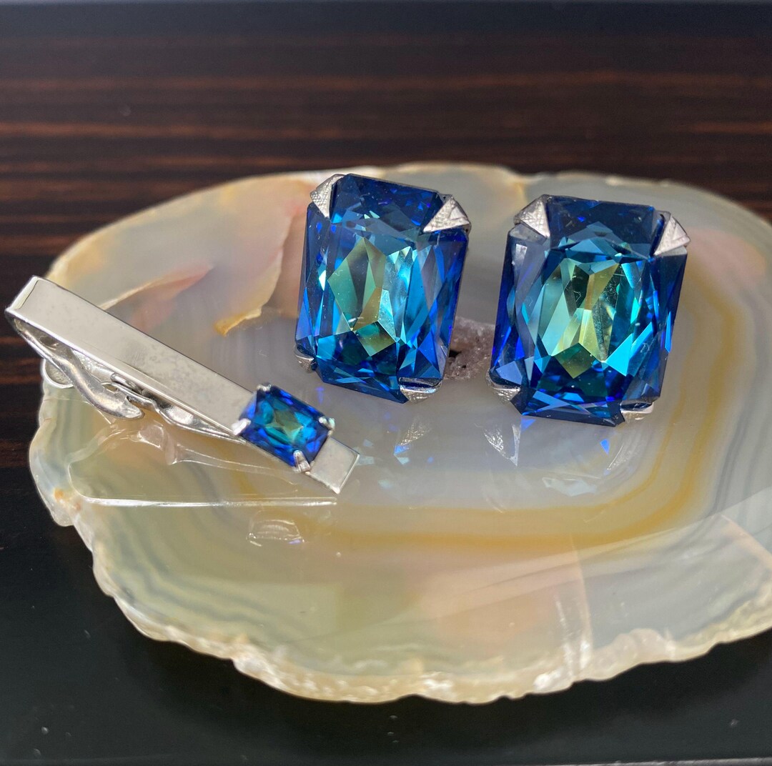 A0119 Vintage SWANK Men’s Jewelry Set / Blue Cut Glass Crystal ...