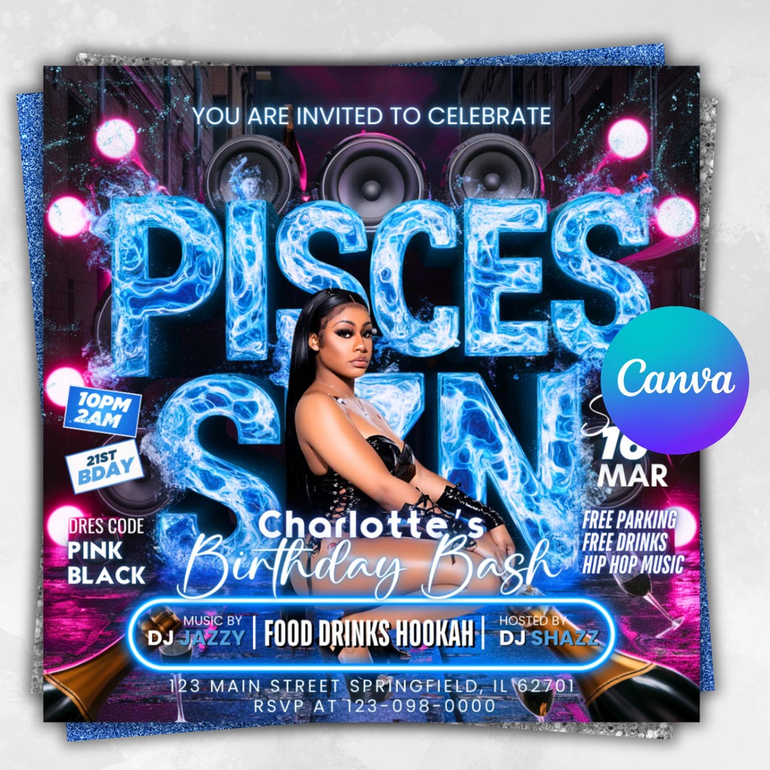 Birthday Flyer, Pisces Birthday Flyer, Aquarius Season, Birthday Party ...
