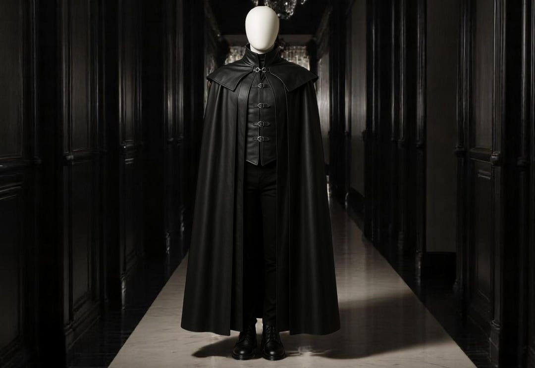 Gothic Vampire Leather Cloak & Vest Set | Long Black Hoodless Cape for ...