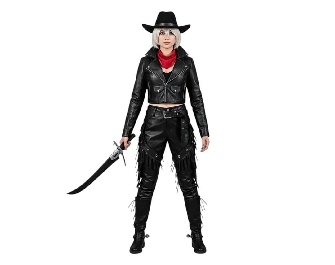 Women Black Leather Western Outlaw Biker Cowboy Cosplay Costume Fringe ...