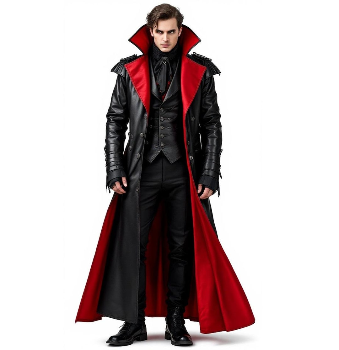 Men's Gothic Vampire Coat | Black and Red Leather Trench | Victorian ...