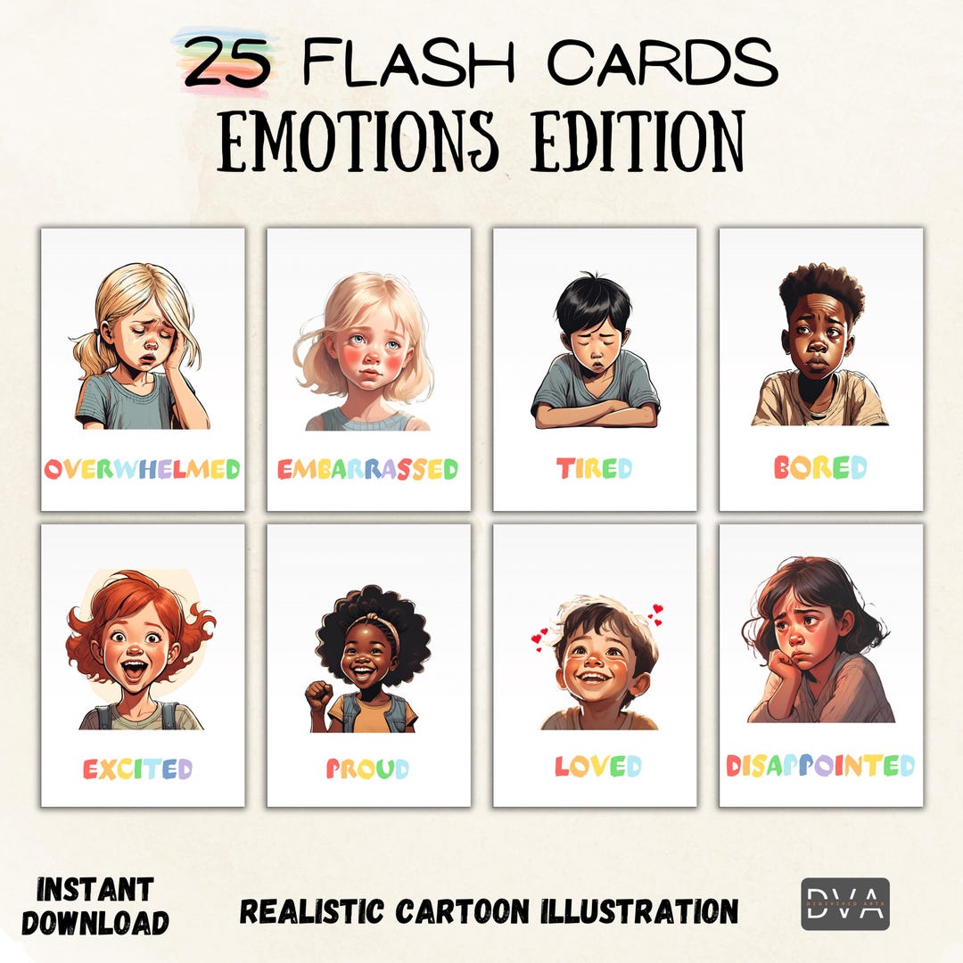 25 Emotions Flashcards, Feelings, Montessori Cards, Preschool ...