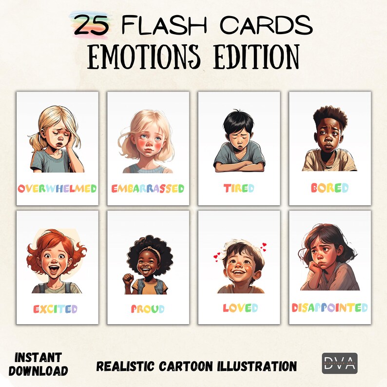 25 Emotions Flashcards, Feelings, Montessori Cards, Preschool ...