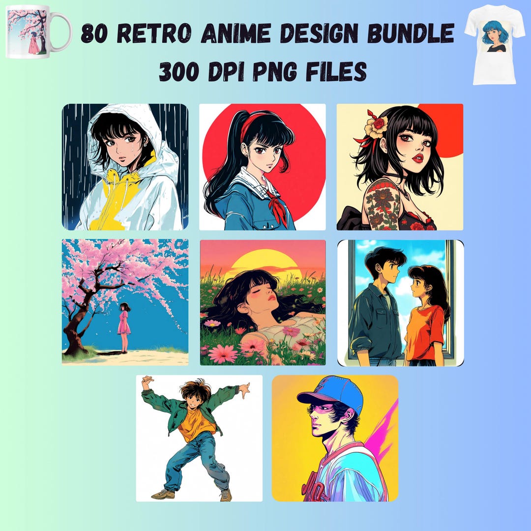 Retro Anime Style Designs Bundle, High Quality PNG Files, Vintage ...