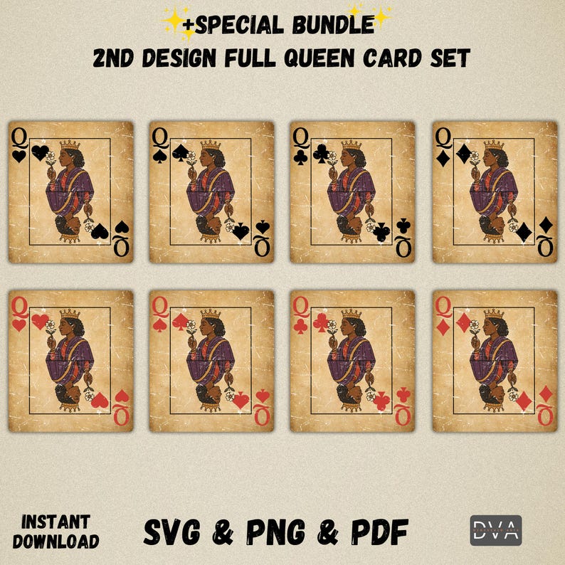 Black Queen Card Full Set of Queen Cards PNG SVG, Black Queen, Queen of ...
