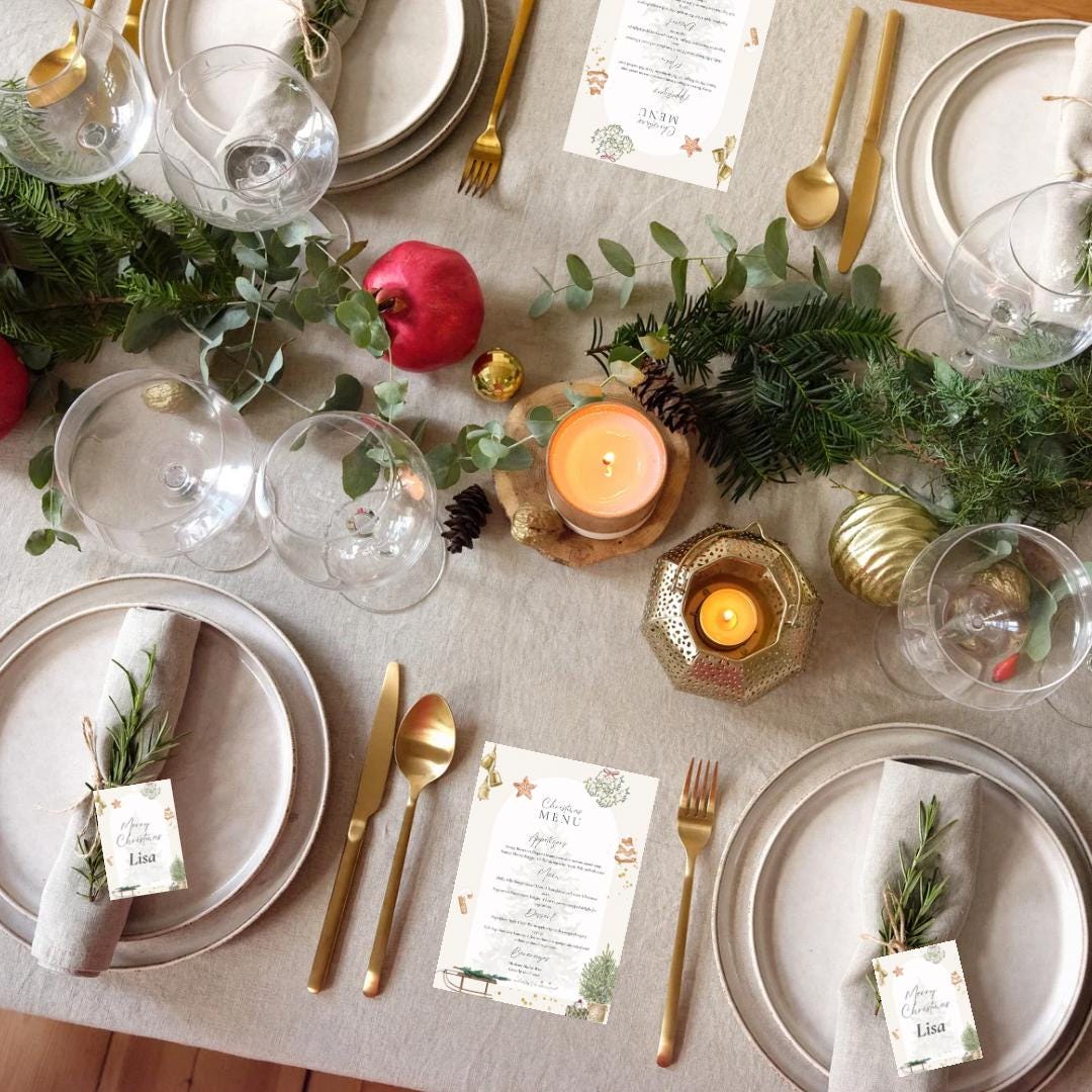 Christmas Theme Christmas Day Invitation, Name Tag, Dinner Setting and ...