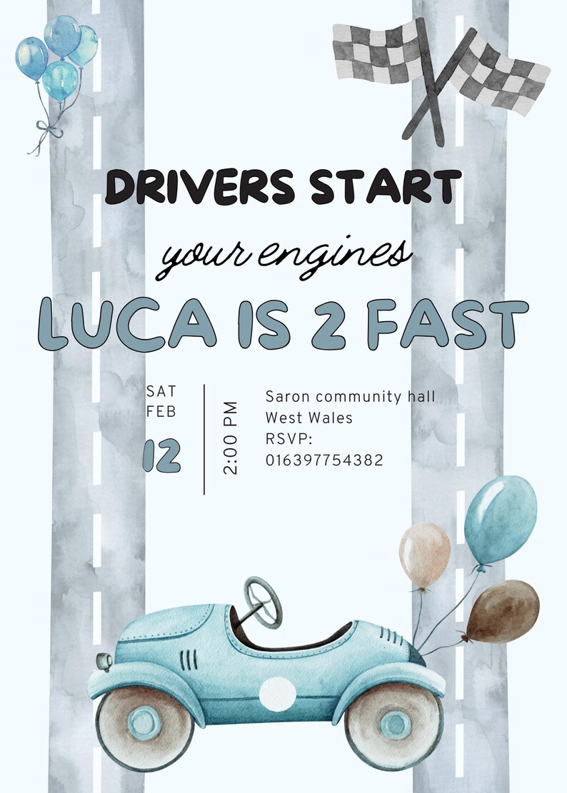 Car Theme Birthday Party Invitation, Editable Fast One Race Car 1st ...