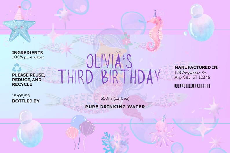 Mermaid Water Bottle Label, Instant Download, Mermaid Label, Under the ...