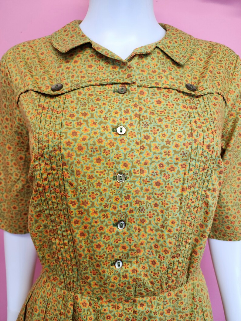 Size Medium Vintage 1960's Deadstock / NWT Pleated Floral Chartreuse Shirt Dress by Flutterbye ...