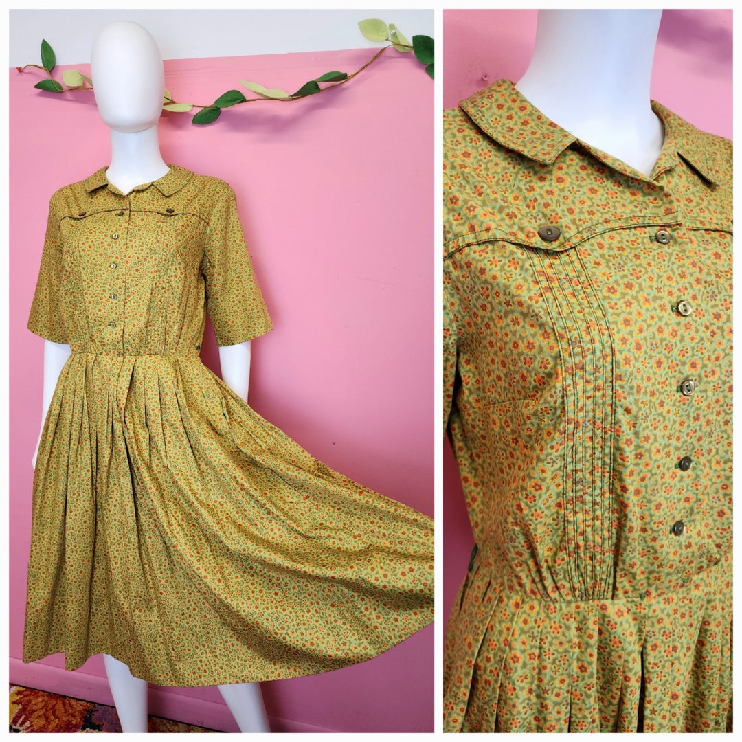 Size Medium | Vintage 1960's Deadstock / NWT Pleated Floral Chartreuse ...