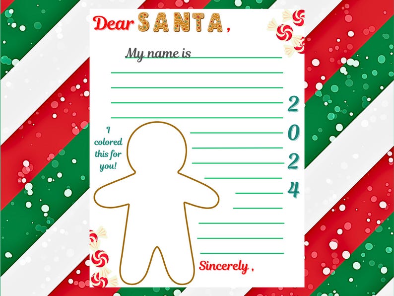 Dear Santa Letter With Gingerbread Cookie Coloring - Etsy
