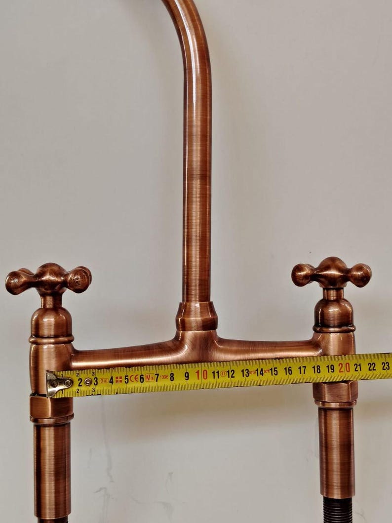 Decorated Copper Bridge Faucet – Handmade Double Handle Kitchen Tap ...